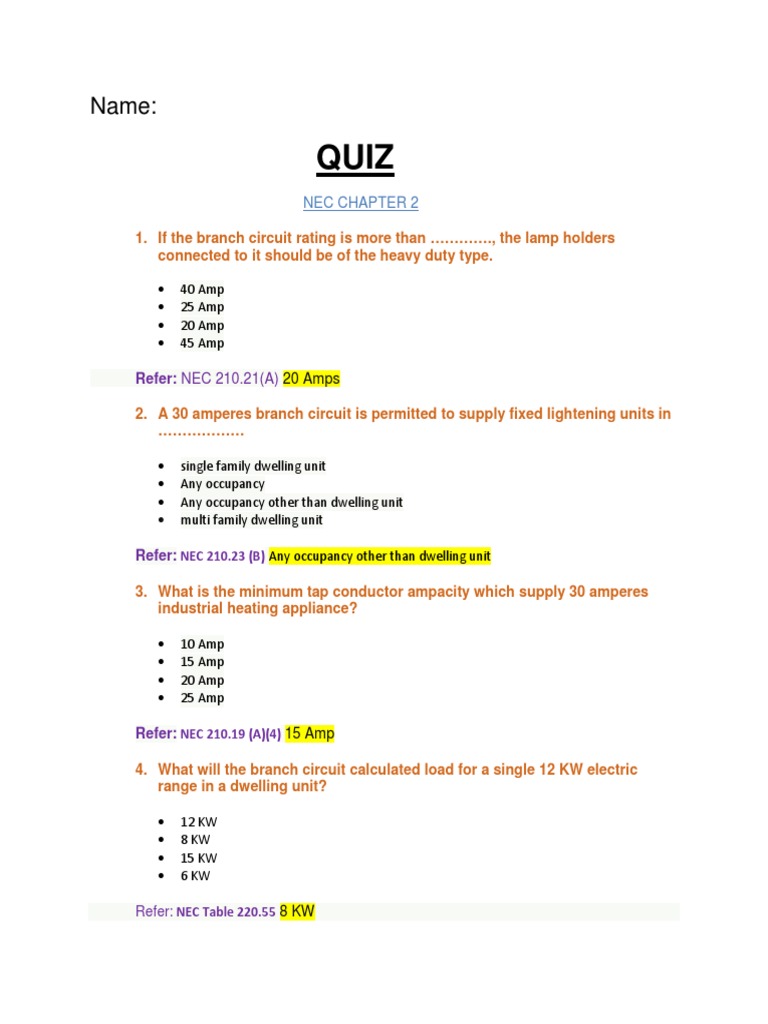 NEC CHAPTER 2 QUIZ With Answers | PDF | Electrical Wiring | Fuse ...
