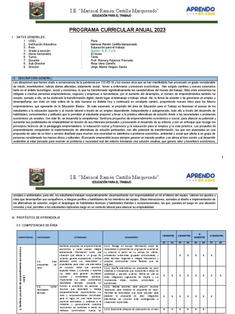 MODELO - PROGRAMACIÓN ANUAL - 5to. Sec. EPT - 2023 | PDF | Aprendizaje | Iniciativa empresarial