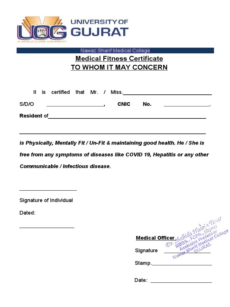 Medical Fitness Certificate | PDF