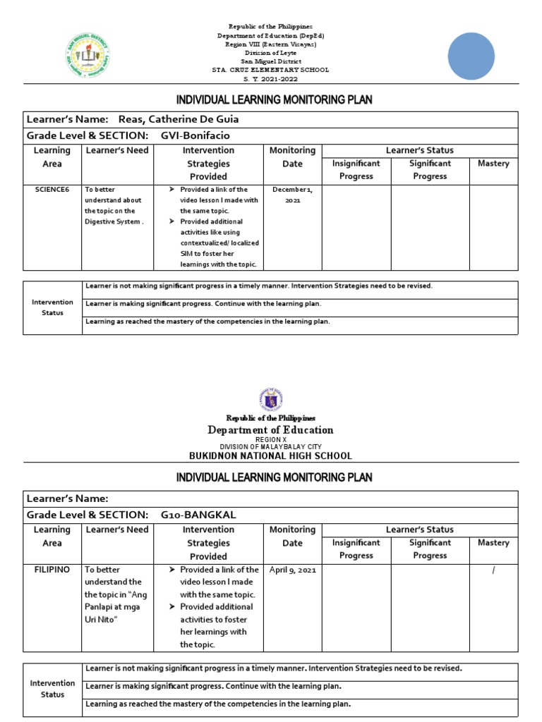 Individual Learning Monitoring Plans | PDF | Learning | Change
