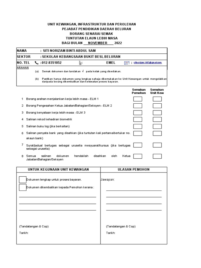 Senarai Semak Elaun Lebih Masa | PDF