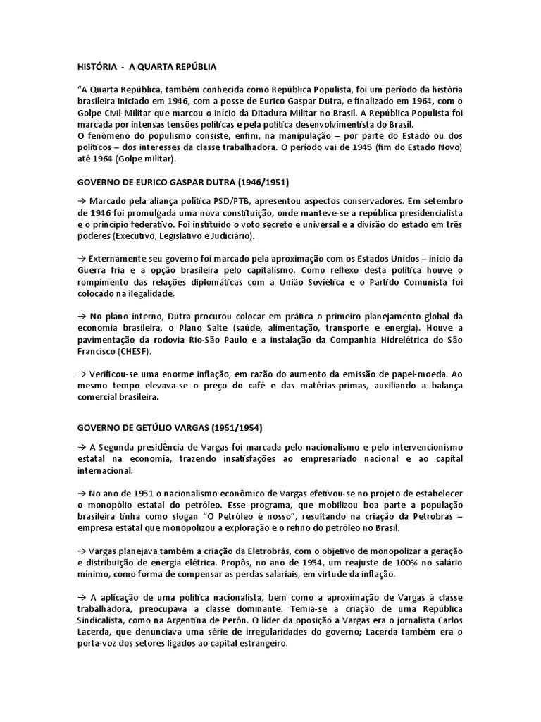 História - Aula 9 - Quarta Republica.2 | PDF | Populismo | Brasil