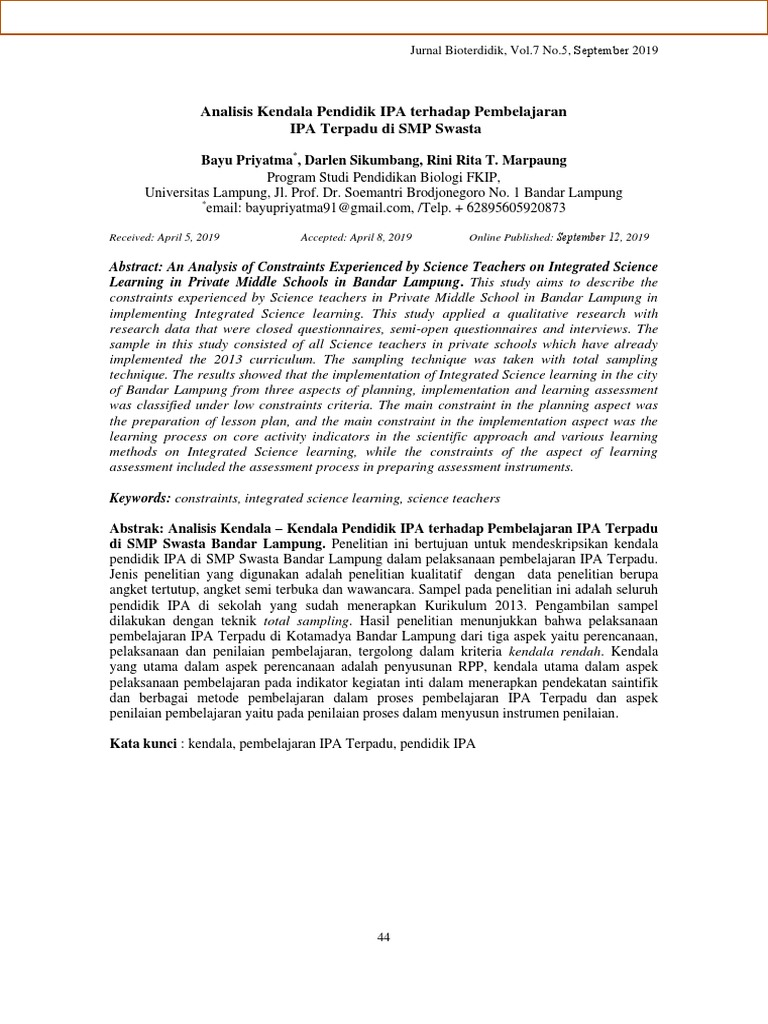 Analisis Kendala Pendidik IPA Terhadap Pembelajaran IPA Terpadu Di SMP Swasta | PDF | Science ...