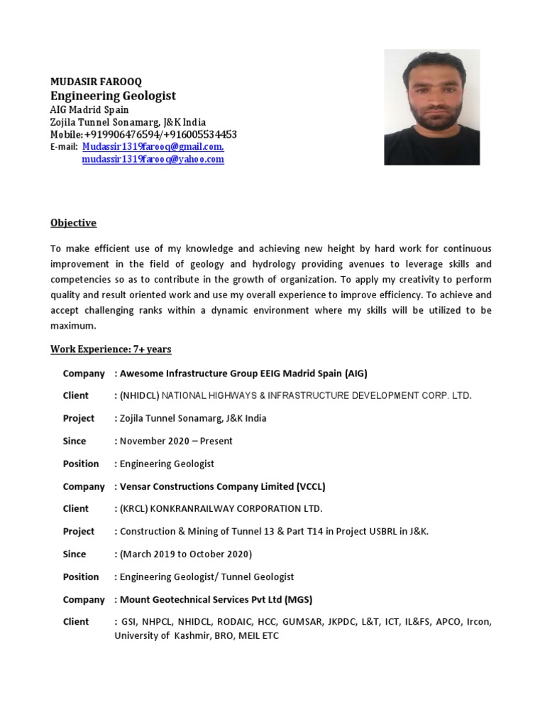 Engineering Geologist Resume: Mudasir Farooq | PDF | Geotechnical ...