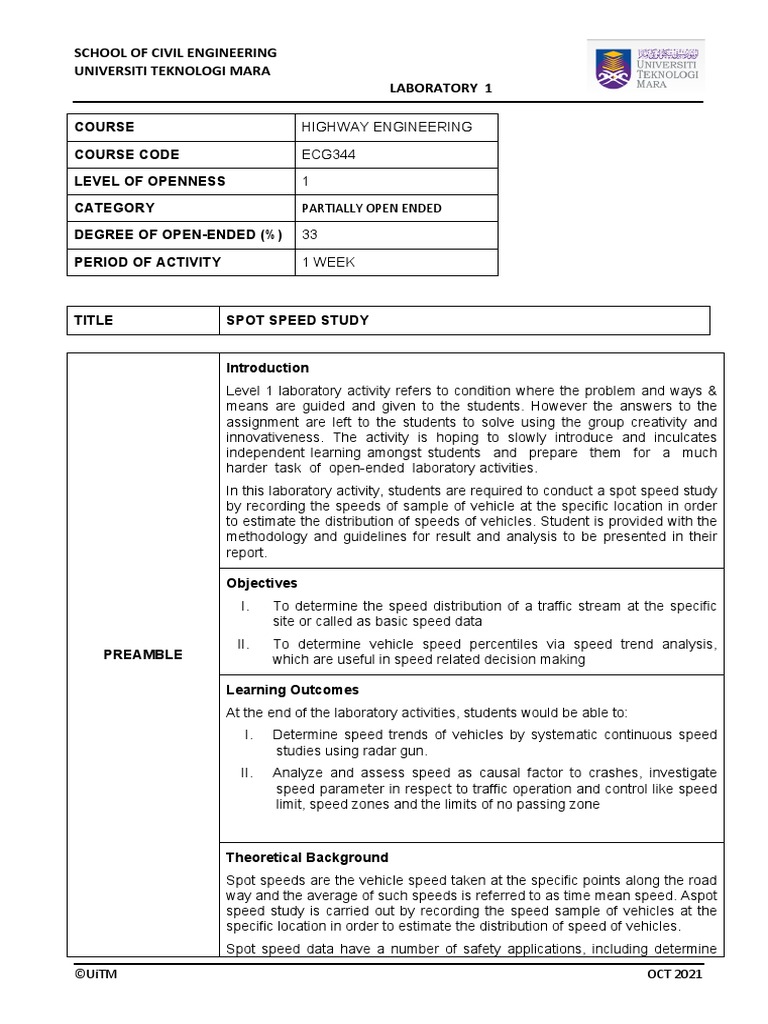 LAB 1 - Spot Speed Study OEL 1 | PDF | Speed Limit | Traffic