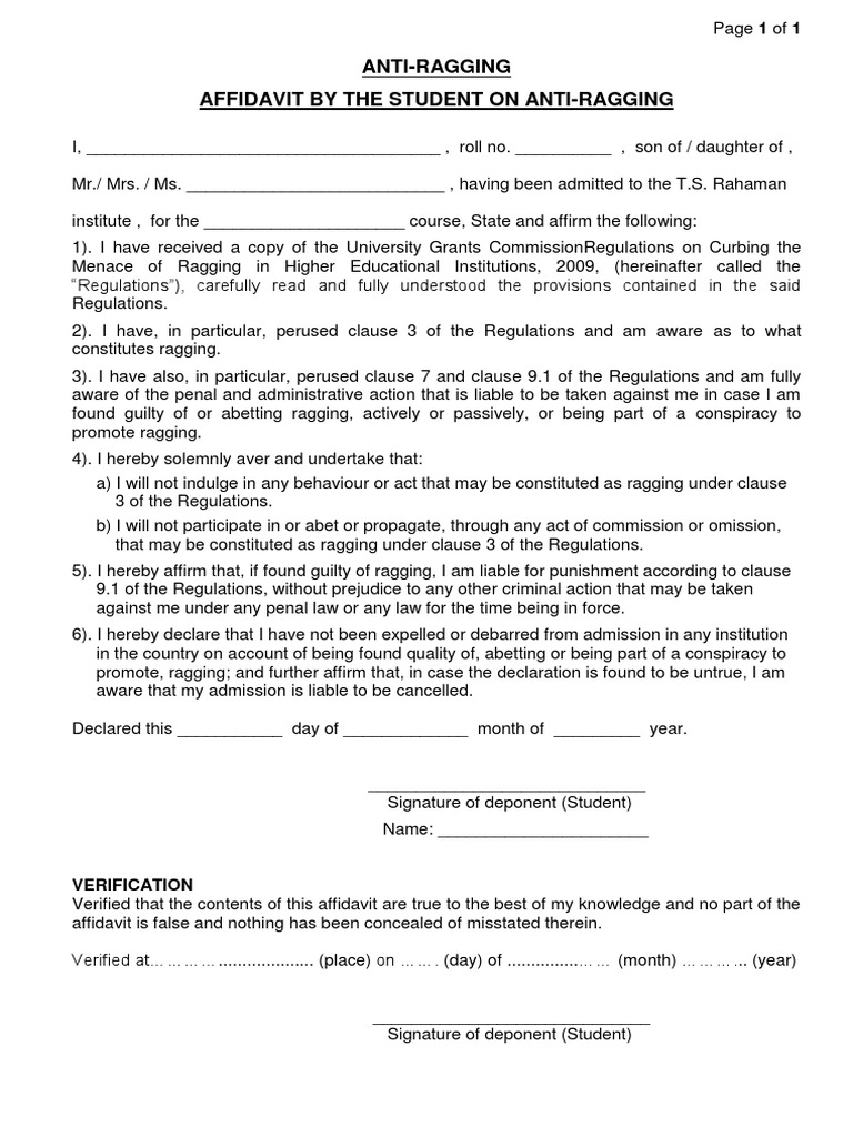 Anti Ragging Affidavit by Student | PDF | Affidavit | Justice