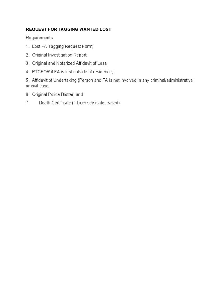 Request for Tagging of a Lost Firearm: Guidelines and Required Documentation for Replacement of ...