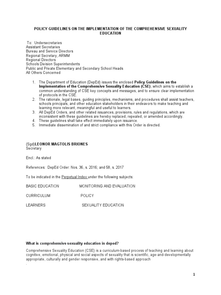 Policy Guidelines On The Implementation Of The Comprehensive Sexuality Educations Pdf Sex