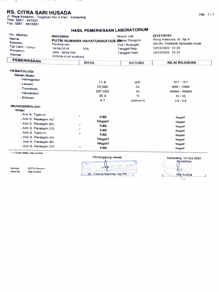 Hasil Lab Dengan Nilai Normal | PDF