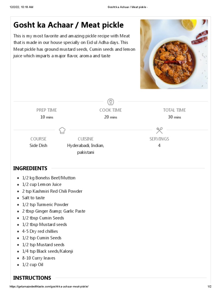 Gosht Ka Achaar - Meat Pickle | PDF | Beef | Pickling