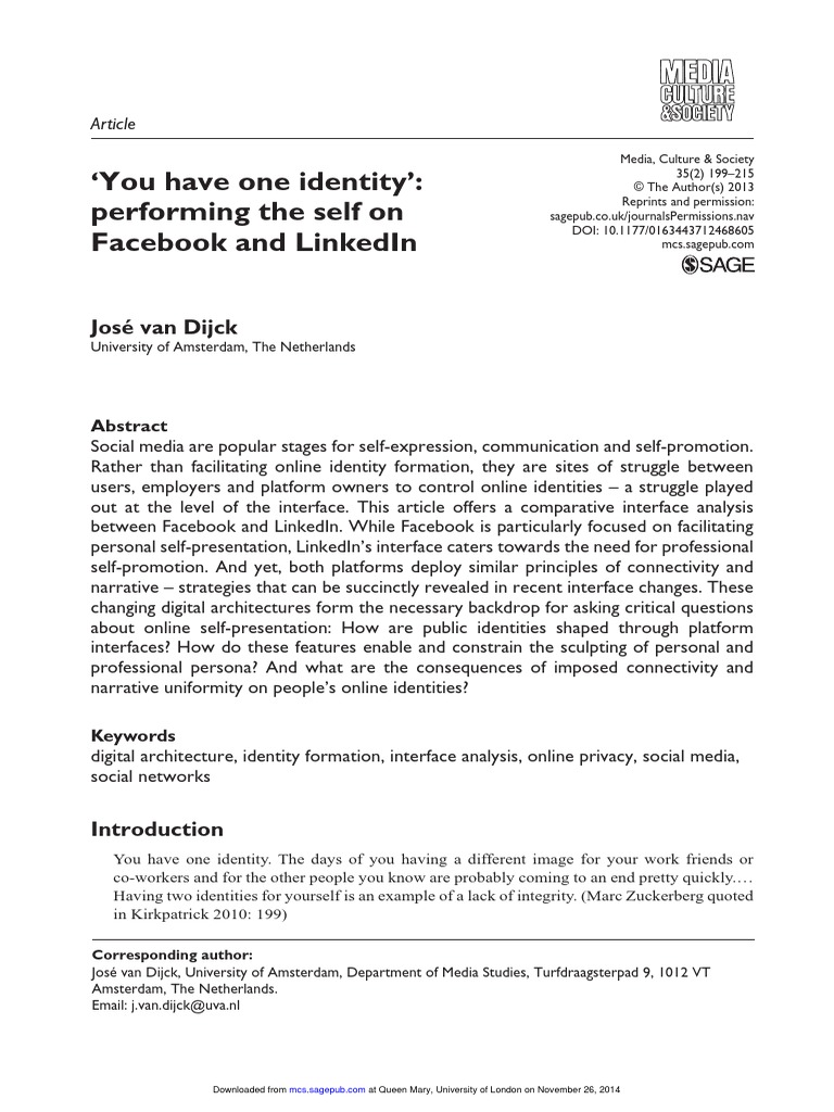 Van Dijck (2013) You Have One Identity - Performing The Self On Facebook and LinkedIn | PDF ...
