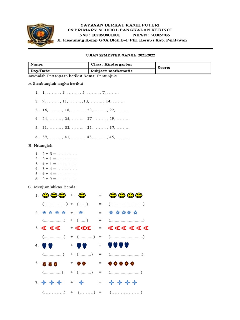 Soal Ujian Matematika TK | PDF