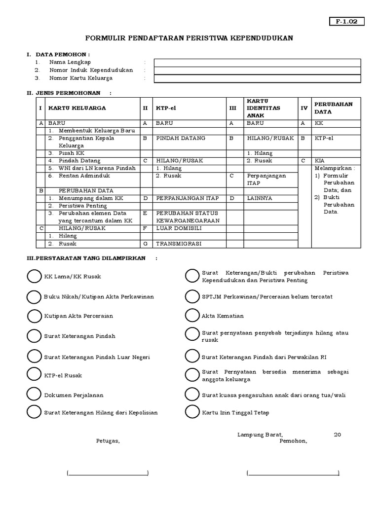 Formulir Pendaftaran Peristiwa Kependudukan: I. Data Pemohon | PDF