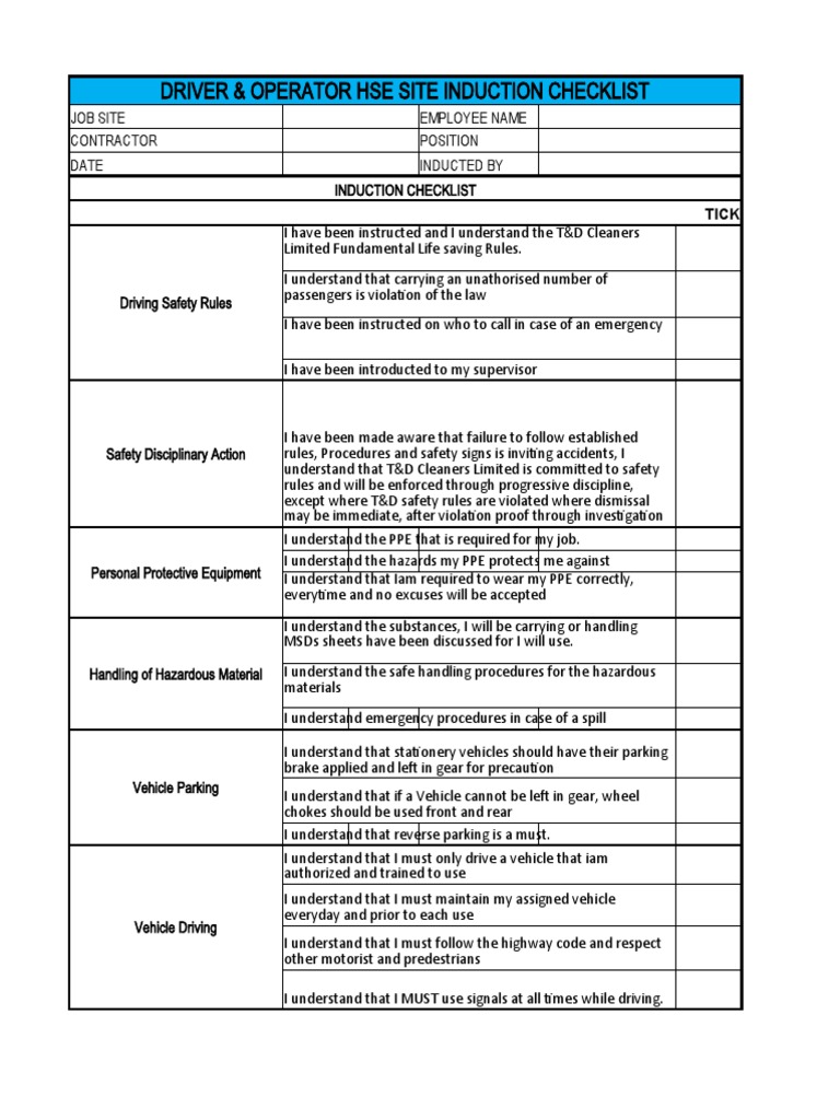 Drivers and Operators Induction Checklist | PDF | Personal Protective ...