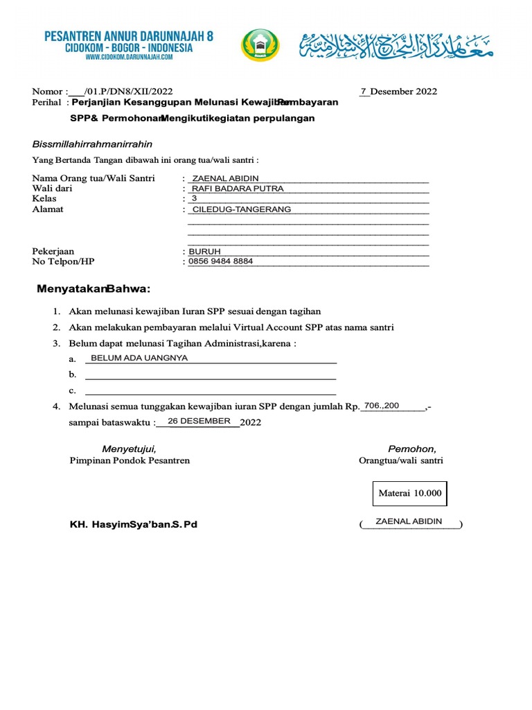 Contoh Perjanjian Pembayaran SPP Pesantren | PDF