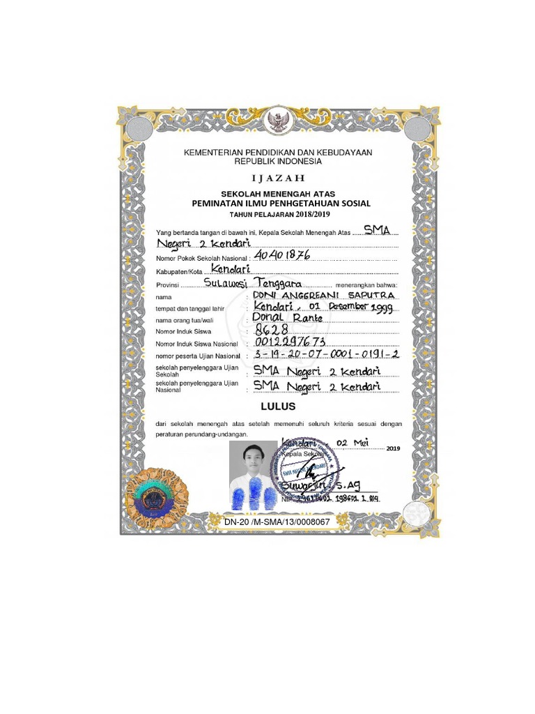 Halaman Depan Ijazah Doni Angreani Saputra | PDF