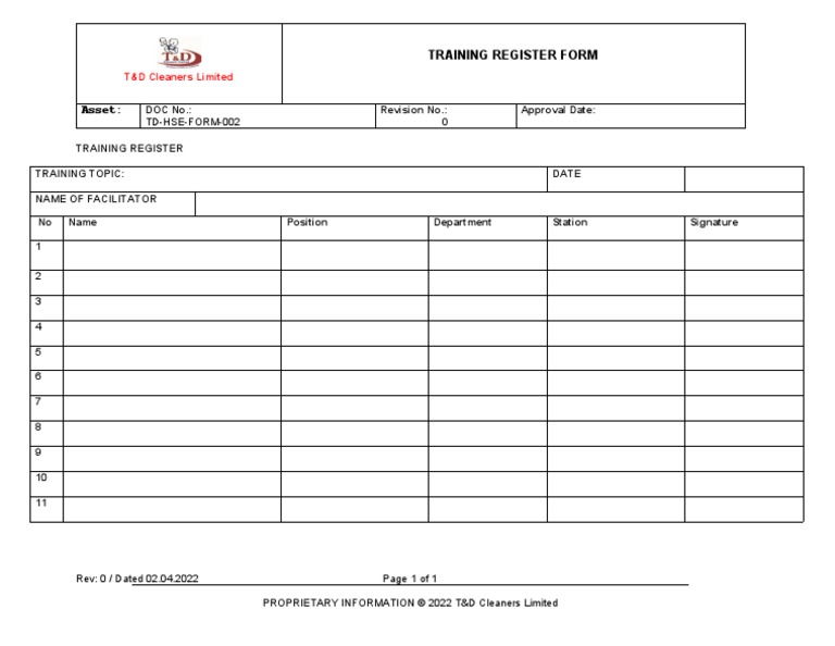 TD-HSE-FORM-002 Training Register Form | PDF