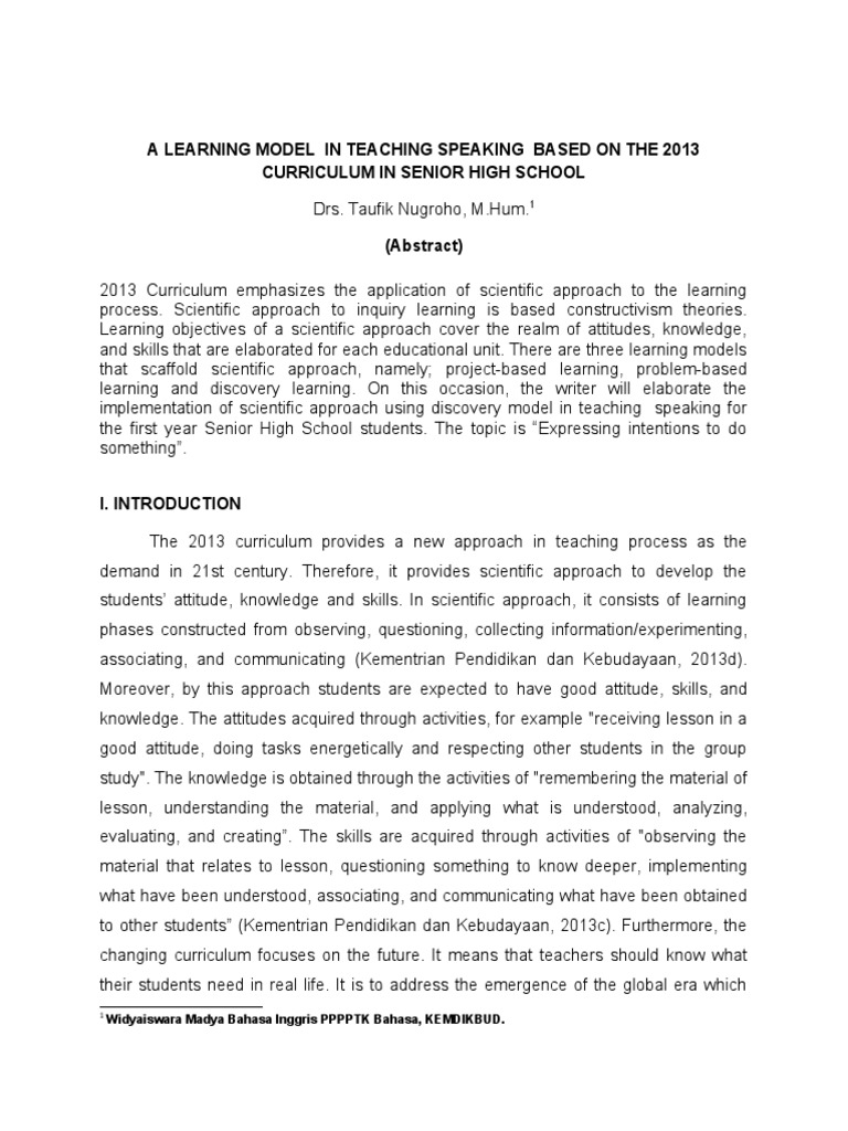 The Implementation of Scienctific Approach in Teaching Speaking Based On The 2013 Curriculum in ...