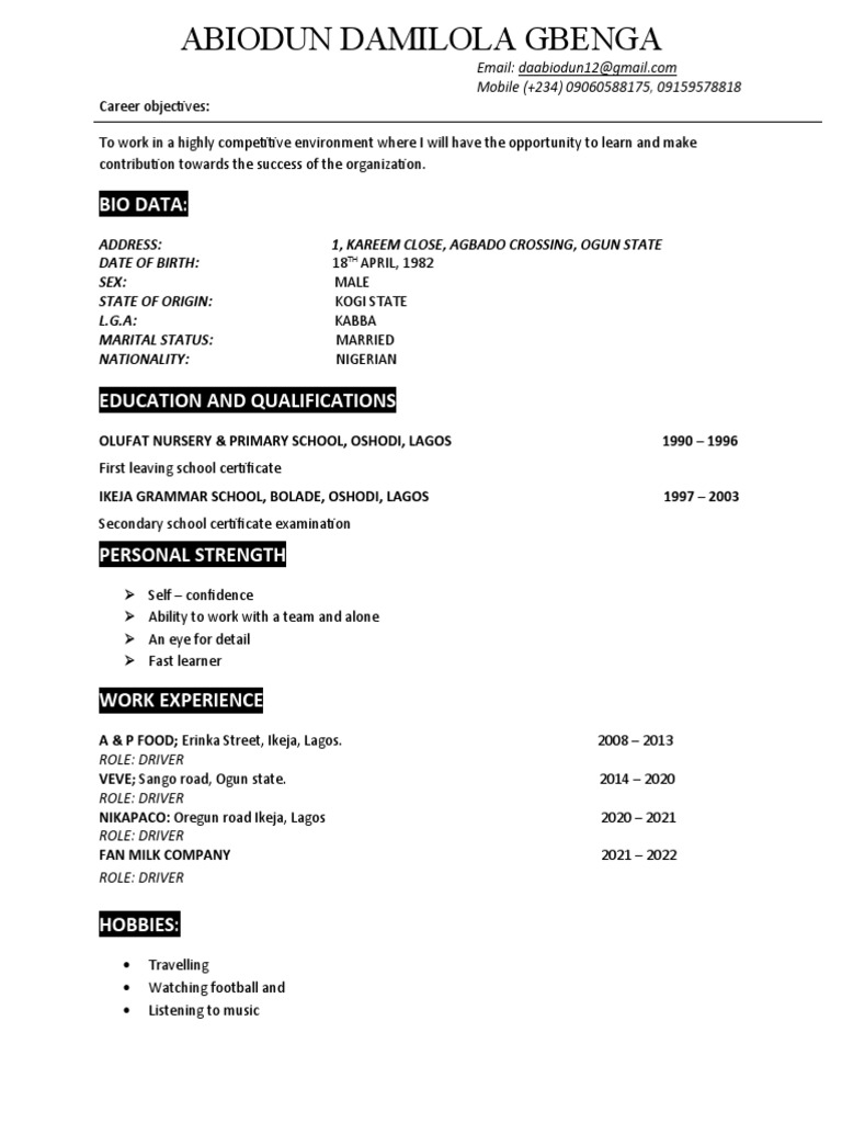 Abiodun Damilola Gbenga CV | PDF