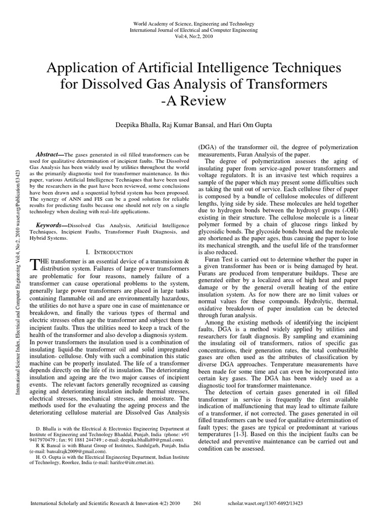 Application of Artificial Intelligence Techniques For Dissolved Gas Analysis of Transformers - A ...