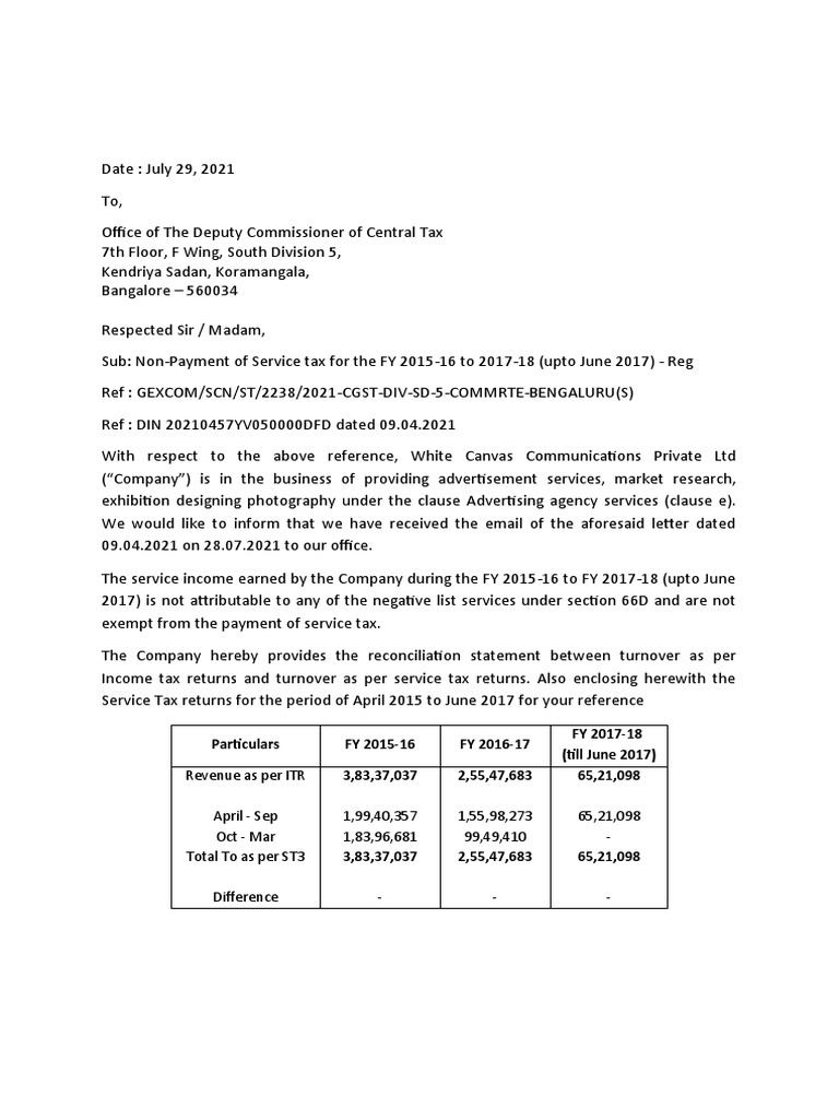 ST Notice Reply Letter - Dated 29.07.2021 | PDF