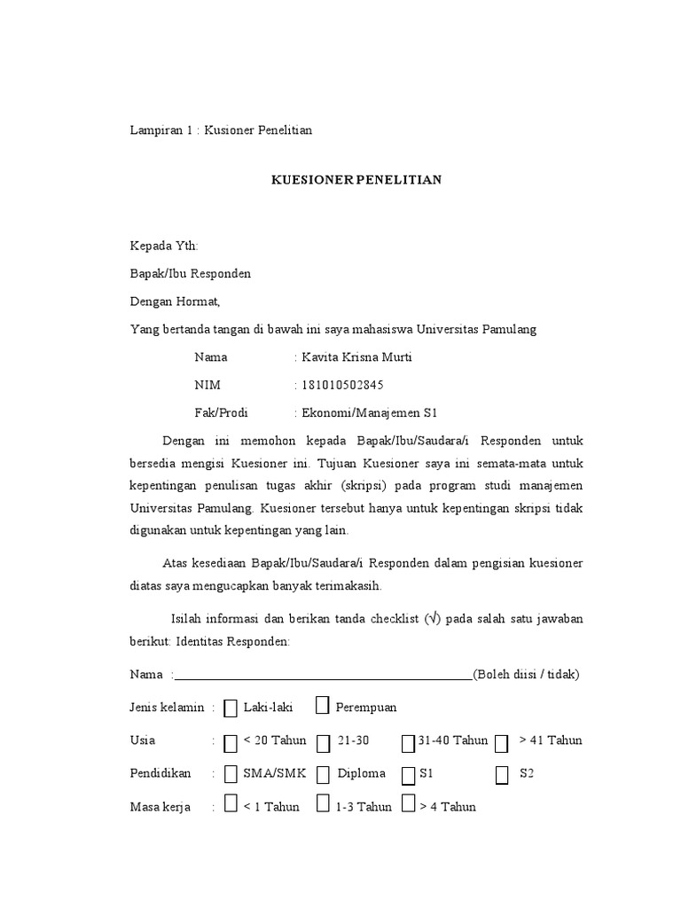 Form Kuesioner | PDF