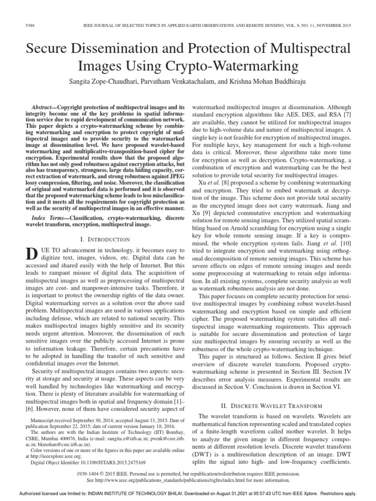 Secure Dissemination and Protection of Multispectral Images Using Crypto-Watermarking 2015 | PDF ...