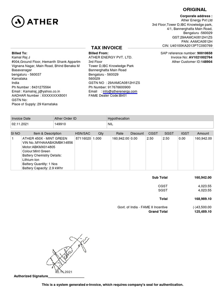 Ather Tax Invoice EV | PDF | Electric Power | Taxes