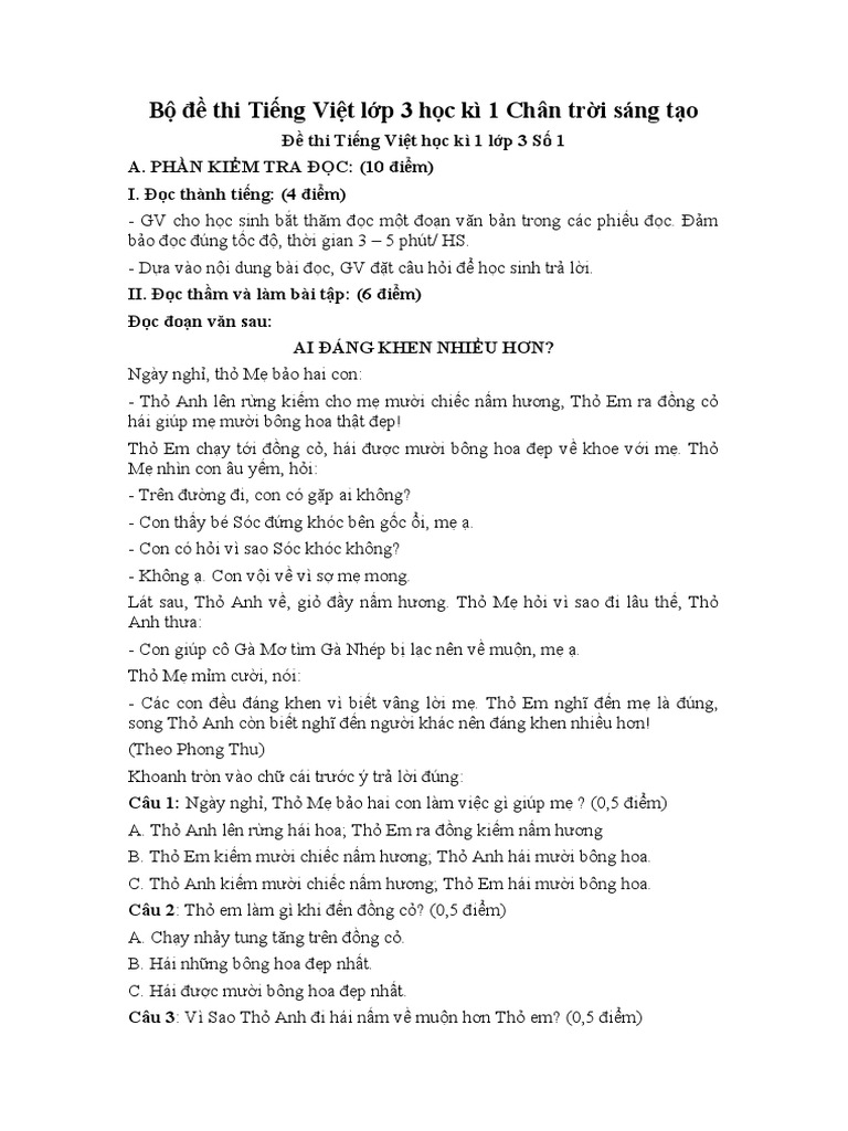 Bo de Thi Tieng Viet Lop 3 Hoc Ki 1 Chan Troi Sang Tao | PDF