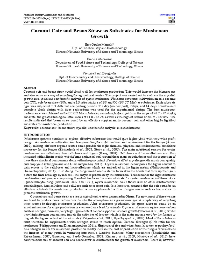 Coconut Coir and Beans Straw As Substrates For Mushroom | PDF | Compost ...