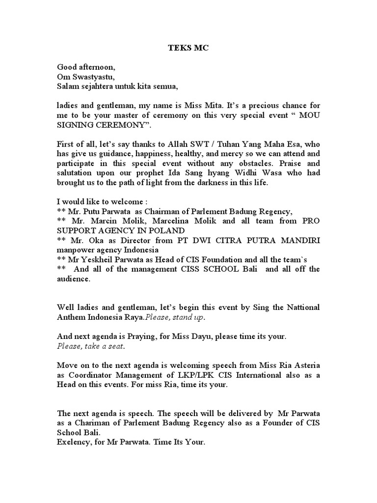 Teks MC Signing Mou Ceremony | PDF