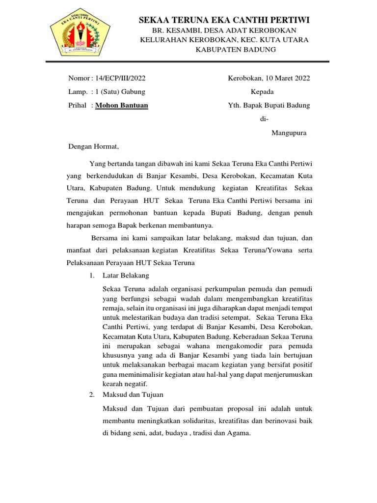 Permohonan Bantuan Sekaa Teruna Badung | PDF