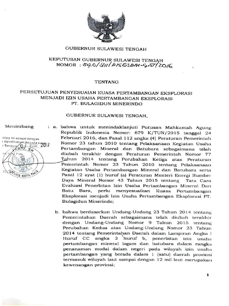 Izin Usaha Pertambangan (IUP) PT - Bulagidun Minerindo | PDF