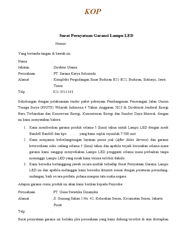 Surat Pernyataan Garansi Lampu LED Bandel - PT Guna Swastika Dinamika | PDF