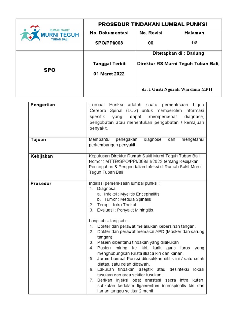 8.spo Prosedur Tindakan Lumbal Punksi | PDF