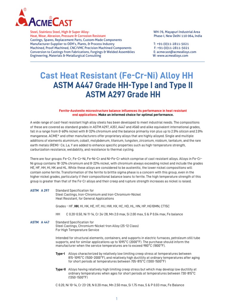 14 Cast Heat Resistant Alloy HH Type I and Type II ASTM A 447 and ASTM ...
