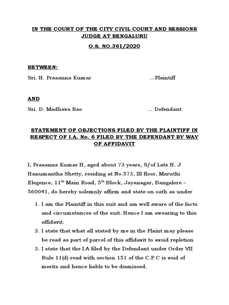 Plaintiff's Objections to Defendant's I.A. | PDF | Lawsuit | Affidavit