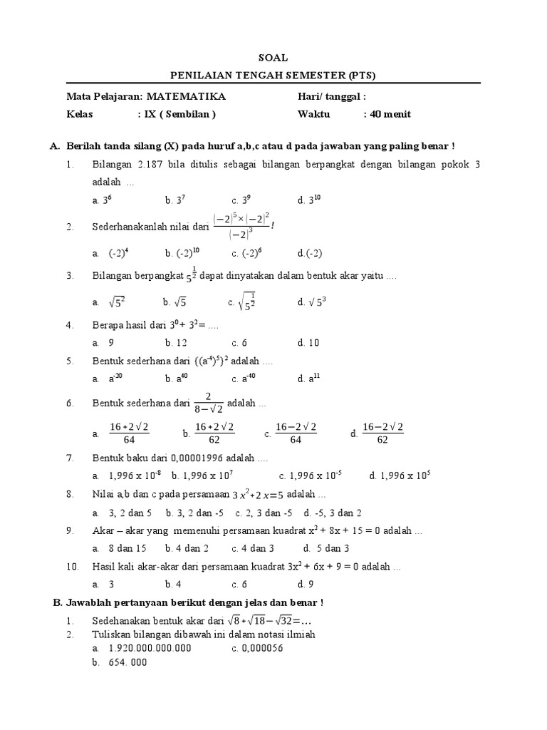 SOAL PTS Matematika Kelas IX | PDF