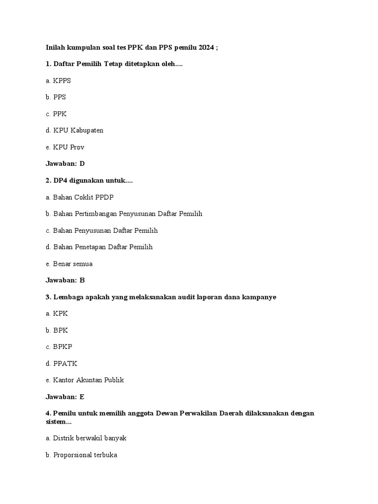 Inilah Kumpulan Soal Tes Ppk Dan Pps Pemilu 2024 Pdf