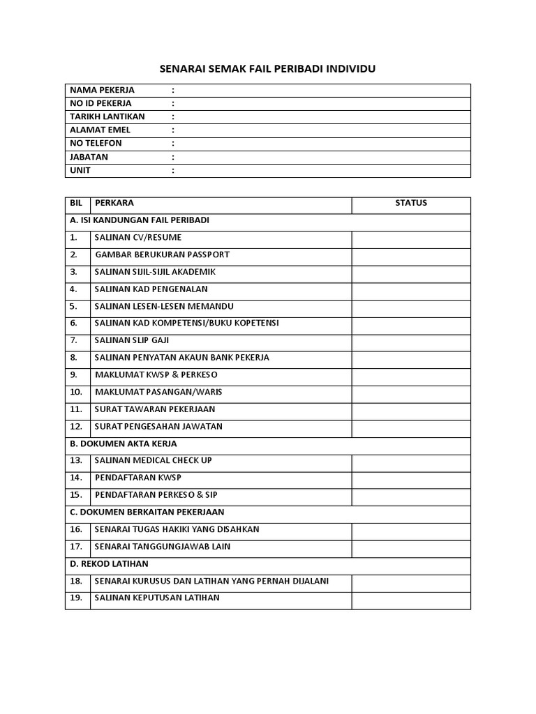 (FREE) Template Senarai Semak Fail Peribadi Pekerja | PDF