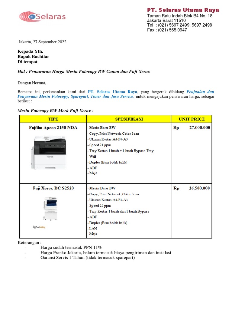 Penawaran Harga Mesin Fotocopy BW Canon dan Fuji Xerox | PDF