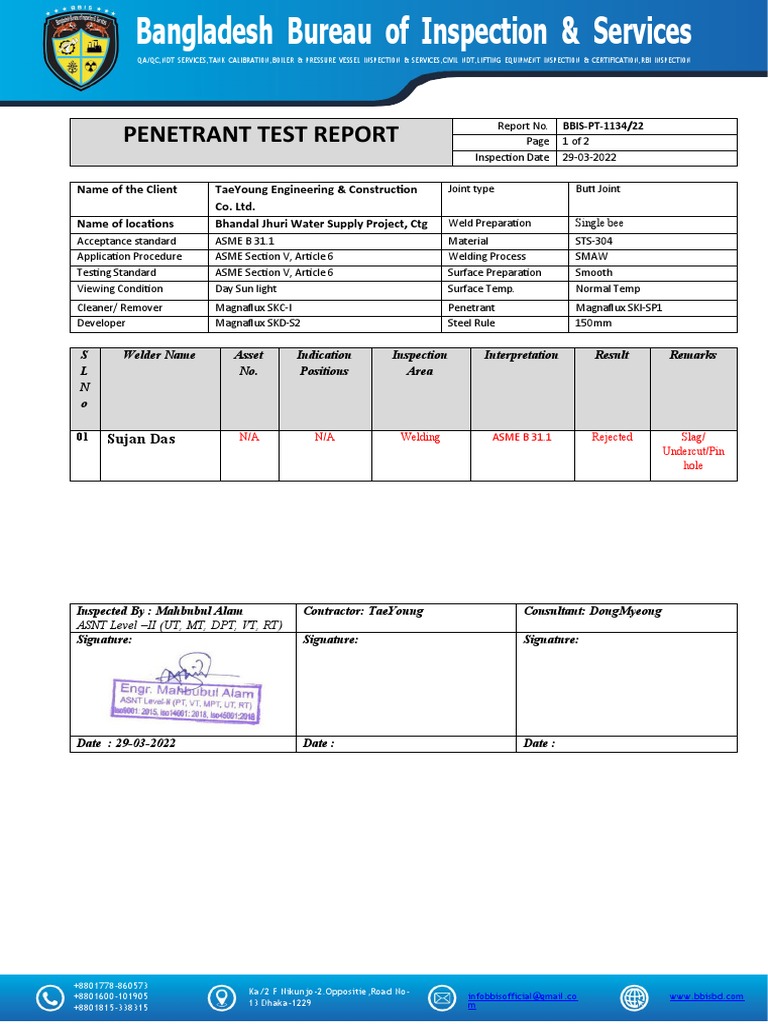 Sujan Das PT Test Report | PDF | Nondestructive Testing | Welding Sujan Das PT Test Report | PDF | Nondestructive Testing | Welding