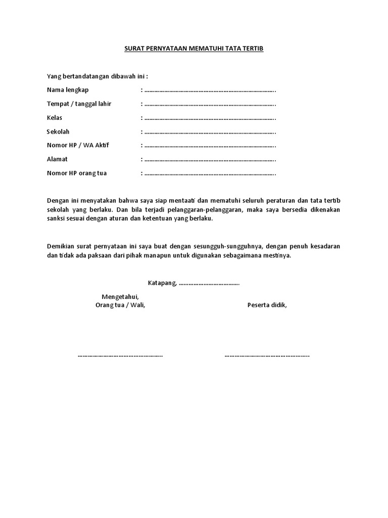 Surat Pernyataan Mematuhi Tata Tertib | PDF