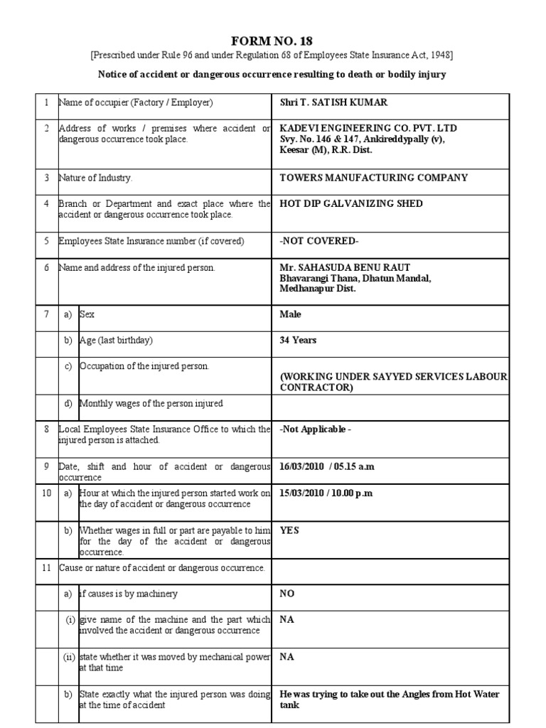 Form 18 Accident Report | PDF | Employment | Labor