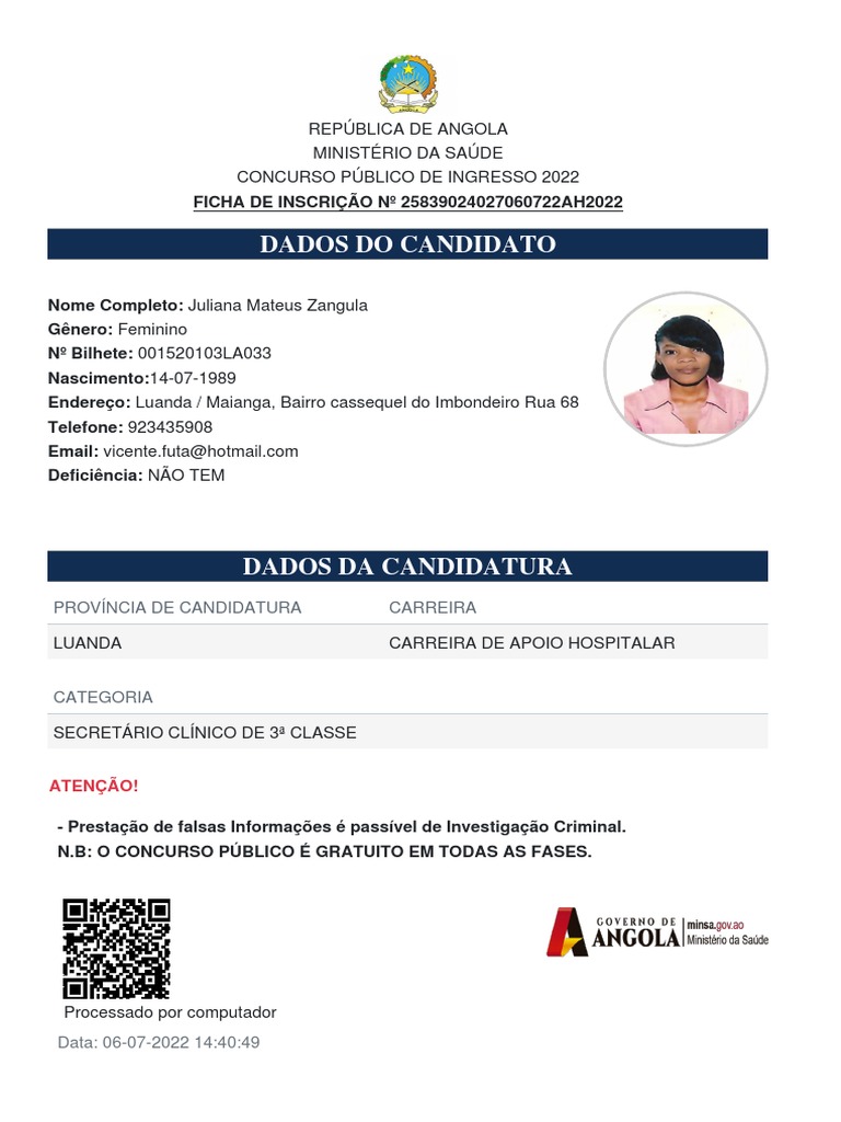 Ficha de inscrição para o concurso público de ingresso 2022 na carreira ...