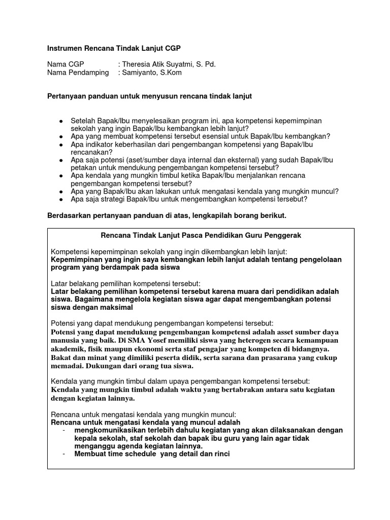 RENCANA TINDAK LANJUT Bu Atik | PDF | Karier & Perkembangan