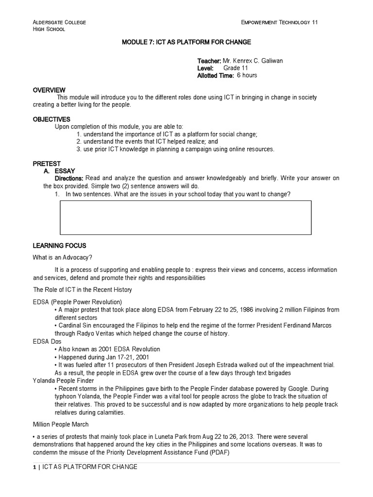 Module 7 Ict As Platform For Change | PDF | Cyberbullying | Privacy