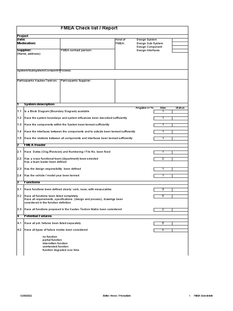 Design FMEA Checklist For Sub-Suppliers 26.03.02 | PDF | System ...