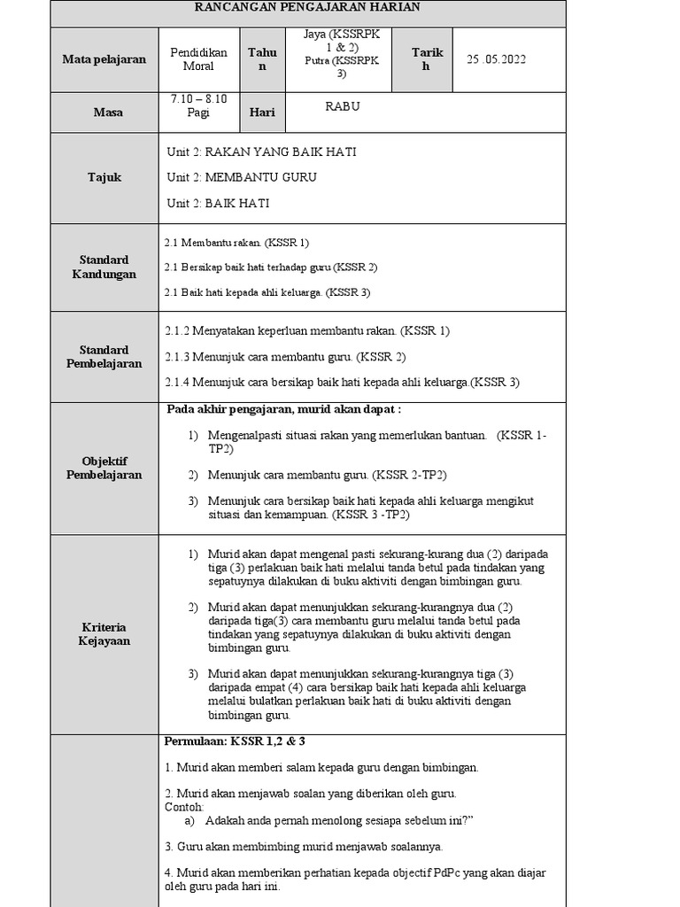 PENDIDKAN MORAL Lesson Plan KSSR 1,2 & 3 (26 MAY 2022) | PDF