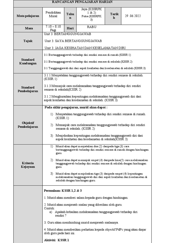 PENDIDKAN MORAL Lesson Plan KSSR 1,2 & 3 (3 JULY 2022) | PDF